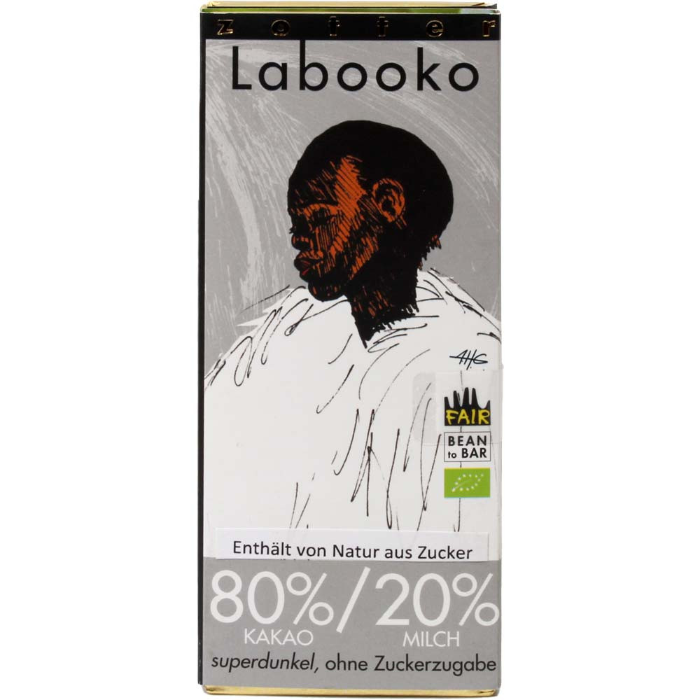 ZOTTER Labooko 80/20% donkere melkchocolade zonder suiker