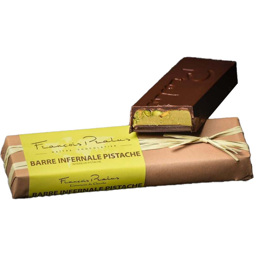 PRALUS: Barre infernale Pistache - 75% chocolate bar with pistachios