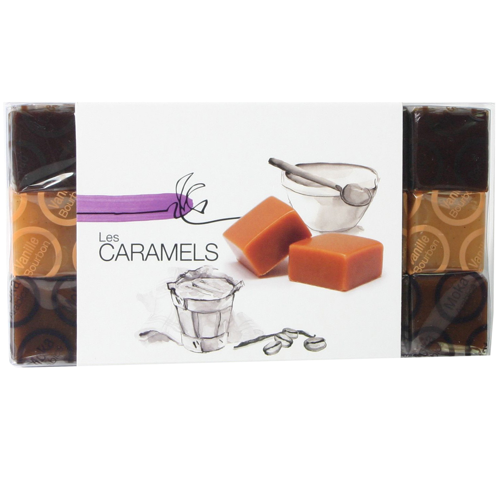 18 cream caramel candies with vanilla, cocoa and mocha taste